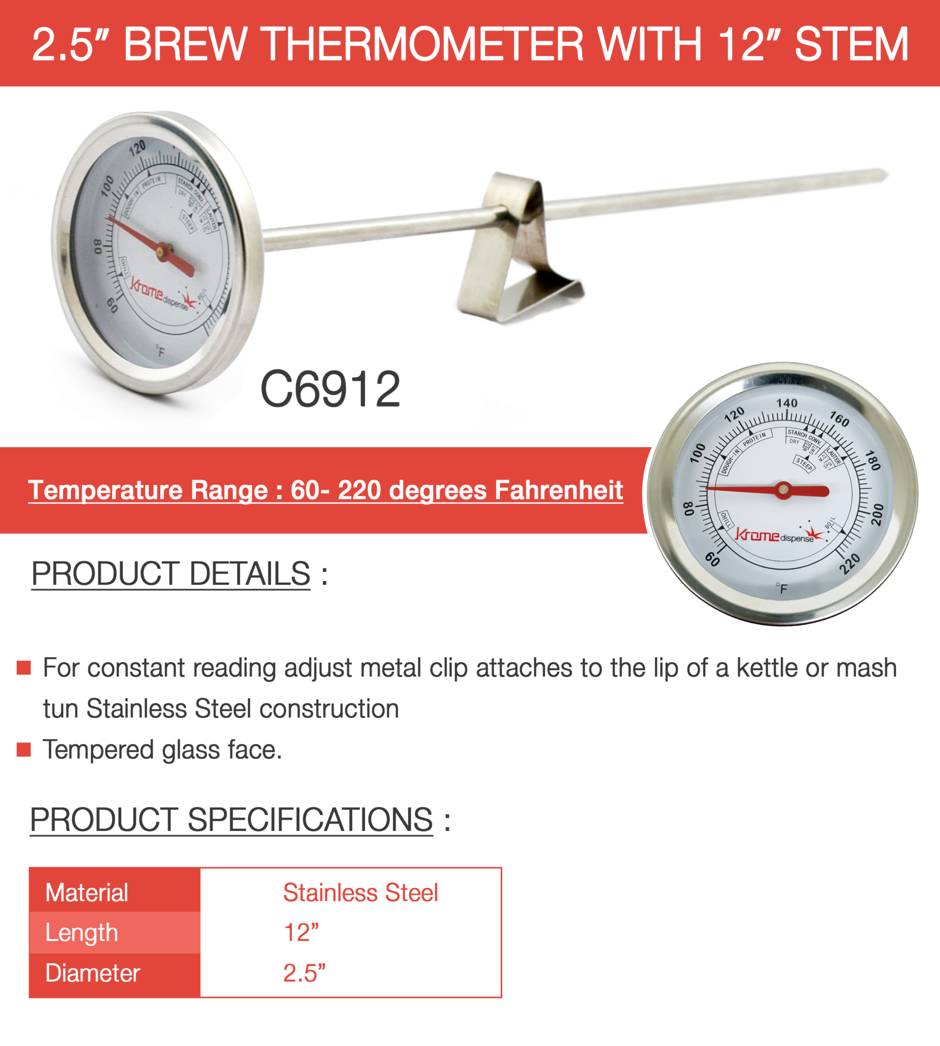 2.5″ Brew Thermometer with 12″ Stem | Beer Making Thermometer